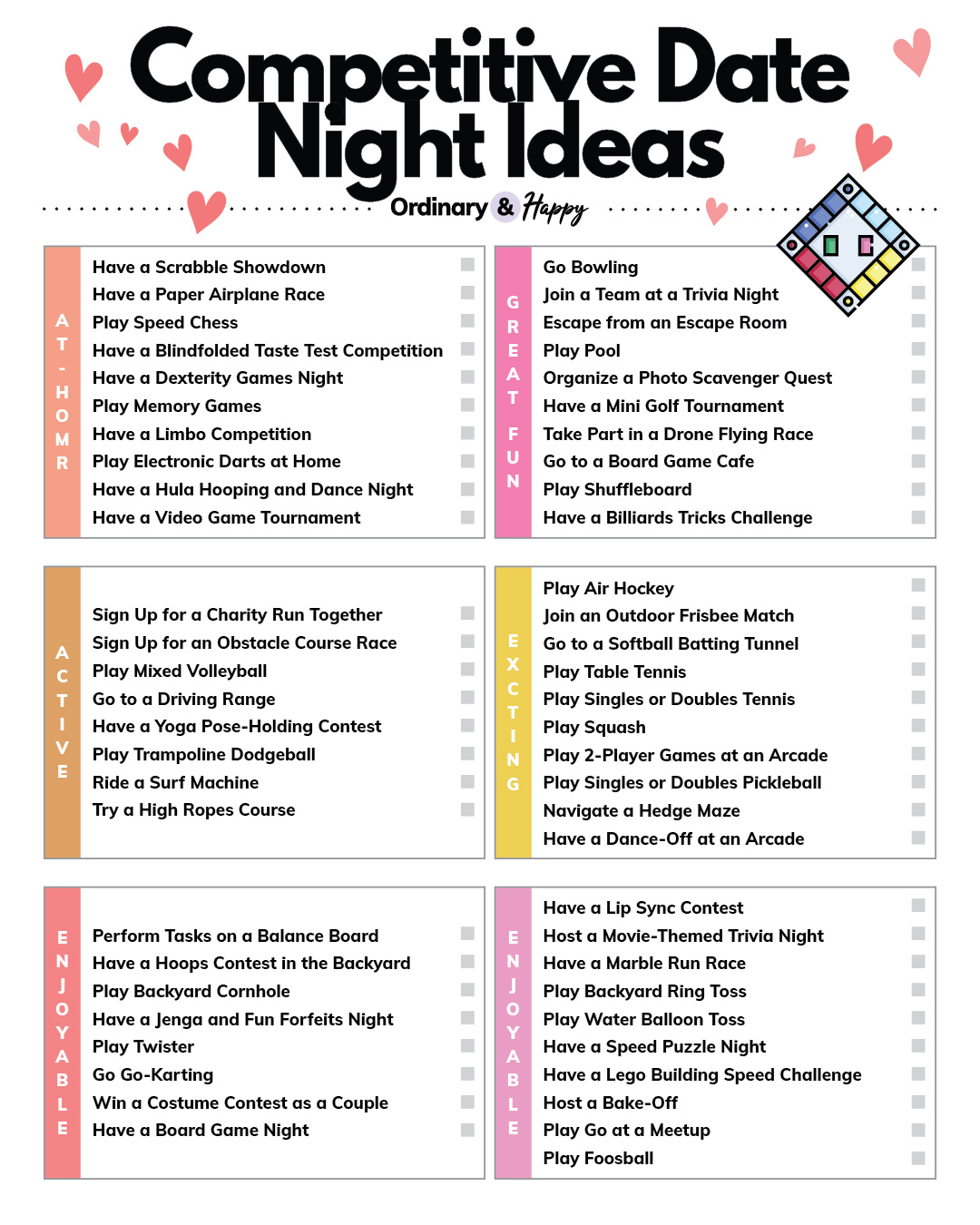 Over 50 Super Fun Date Ideas for Competitive Couples - Ordinary and Happy