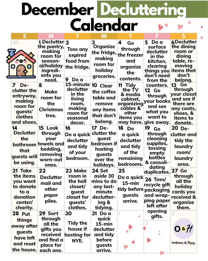 December Decluttering Calendar (Prep the House for the Holidays) - Ordinary and Happy