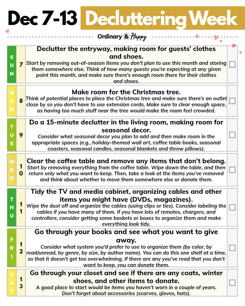 December Decluttering Calendar (Prep the House for the Holidays) - Ordinary and Happy