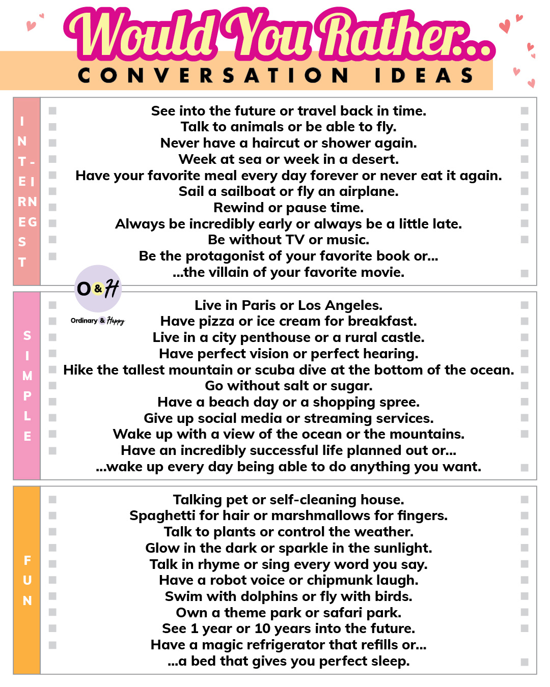 Great ‘Would You Rather?’ Questions (With Printable Game) - Ordinary ...
