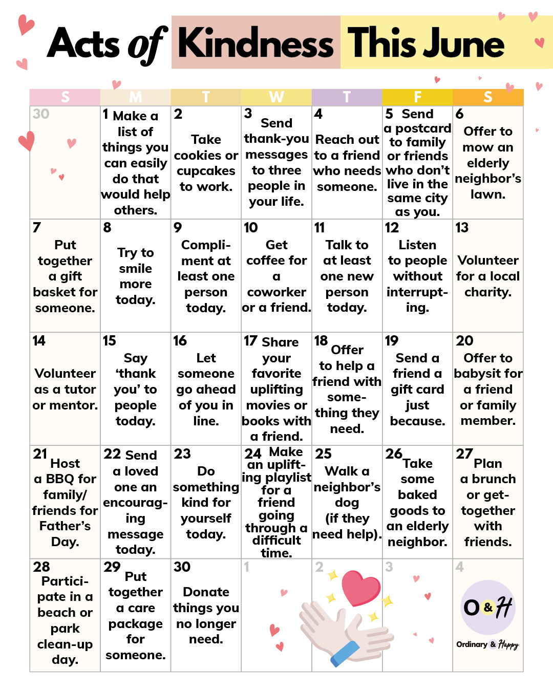 Kindness June Calendar (Daily Ideas that Make a Big Difference ...