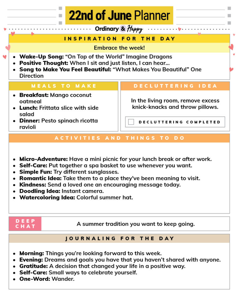 June 22nd Planner (Simple Summer Self-Care) - Ordinary and Happy