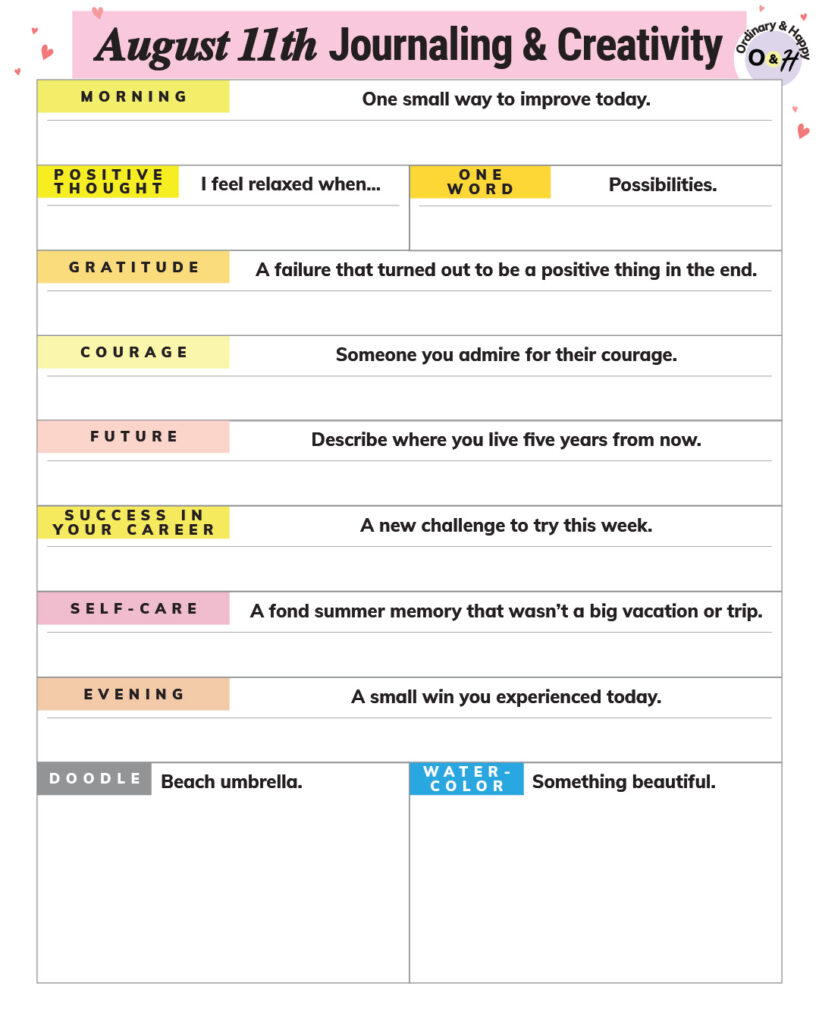 August 11th Planner (Self-Care, Reminiscing, and More) - Ordinary and Happy